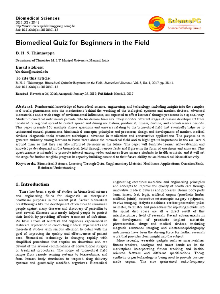 Biomedical Quiz For Beginners in The Field | PDF | Biomedical ...