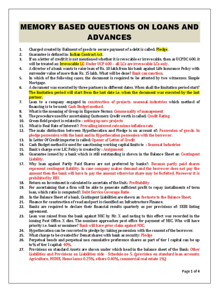 Memory Based Questions On Loans and Advances | PDF | Banks | Loans