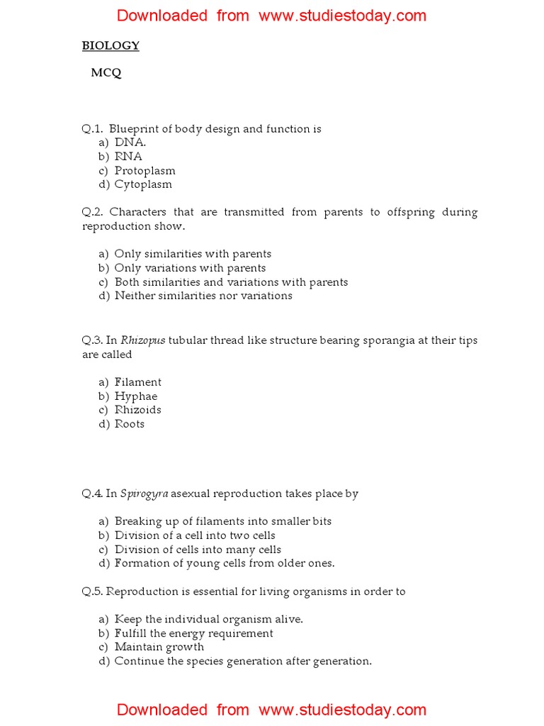 Biology MCQ Exam Questions | PDF | Fertilisation | Sexual Reproduction