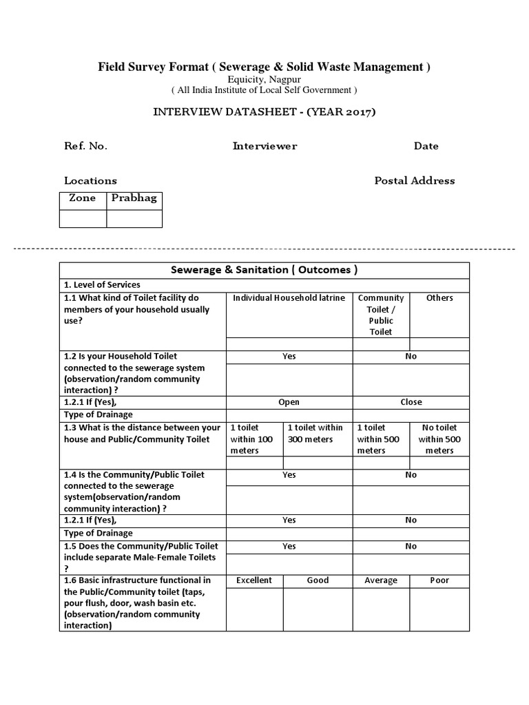 Field Survey Format (Sewerage & Solid Waste Management) : Equicity ...