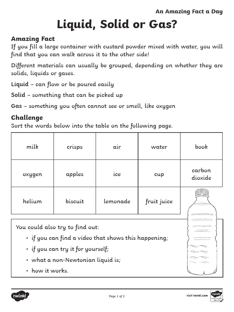 Solid Liquid or Gas Activity Sheet | PDF | Liquids | Solid