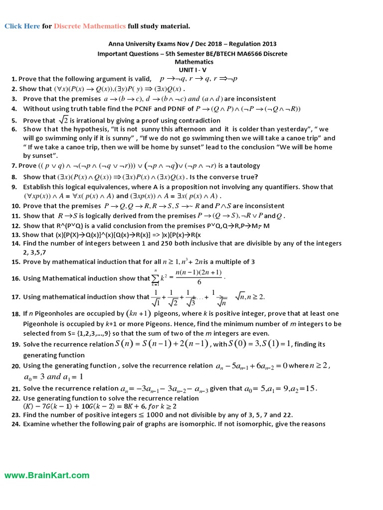 094 - MA8351, MA6566 Discrete Mathematics - Important Questions 2 | PDF ...