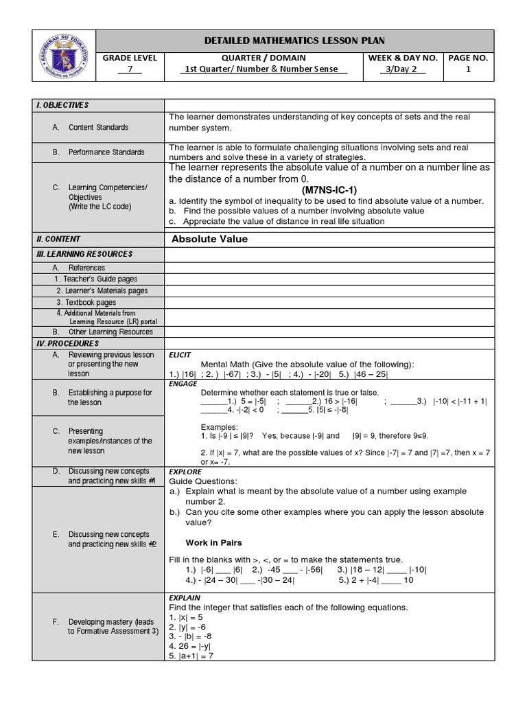 Detailed Mathematics Lesson Plan: - 7 - 1st Quarter/ Number & Number ...
