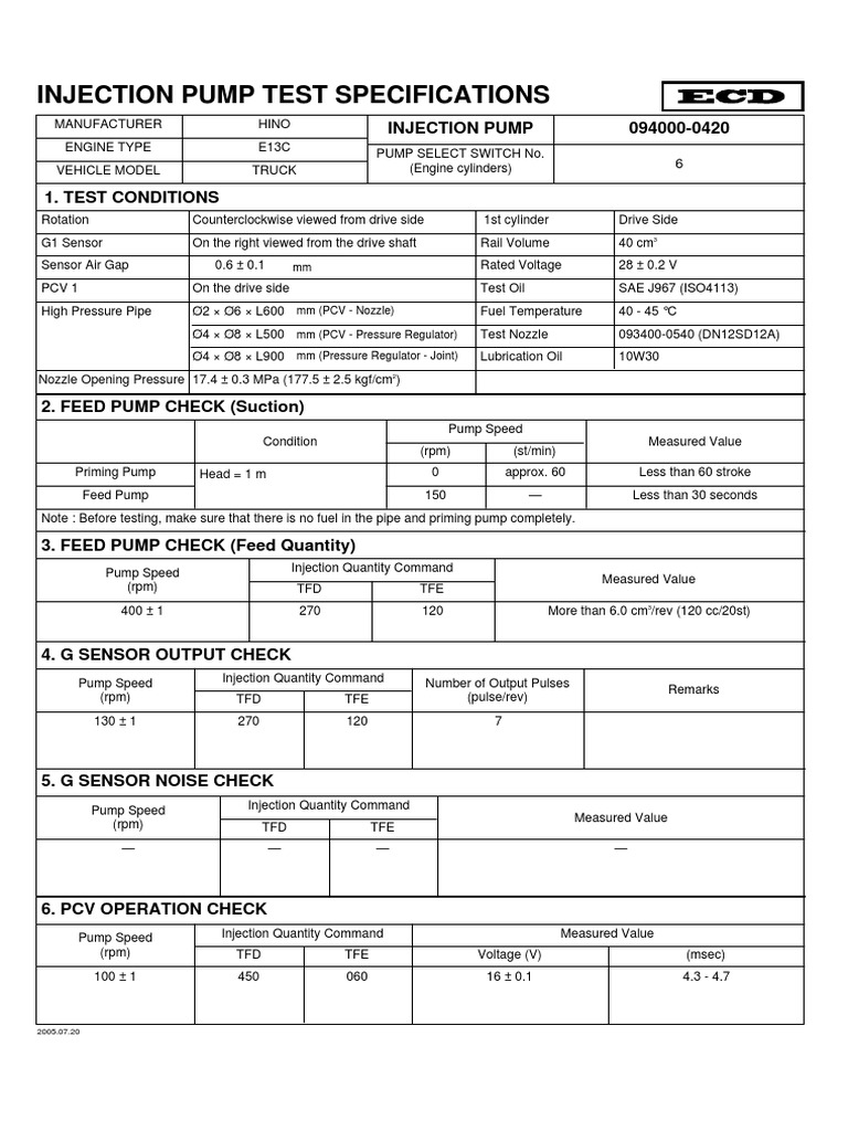 Injection Pump Test Specifications | PDF | Pump | Engines