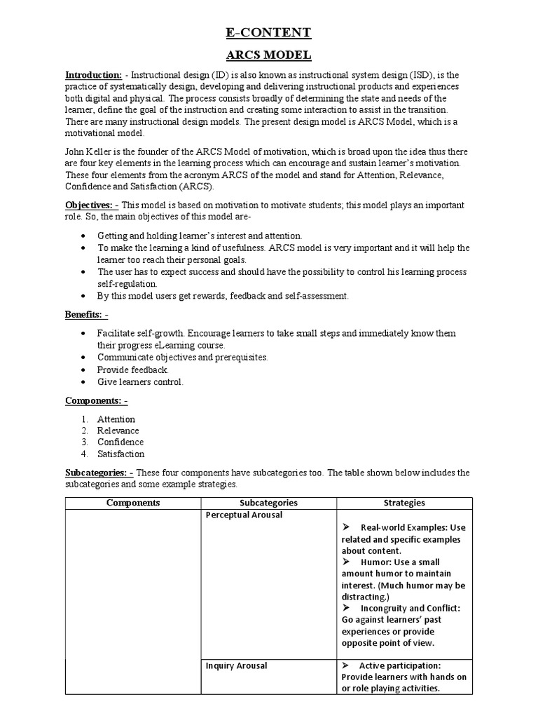 Arcs Model | PDF | Instructional Design | Psychological Theories Arcs Model | PDF | Instructional Design | Psychological Theories