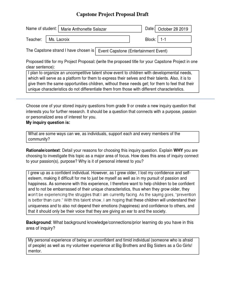 Capstone Project Proposal Draft Student Fillable Form | PDF ...