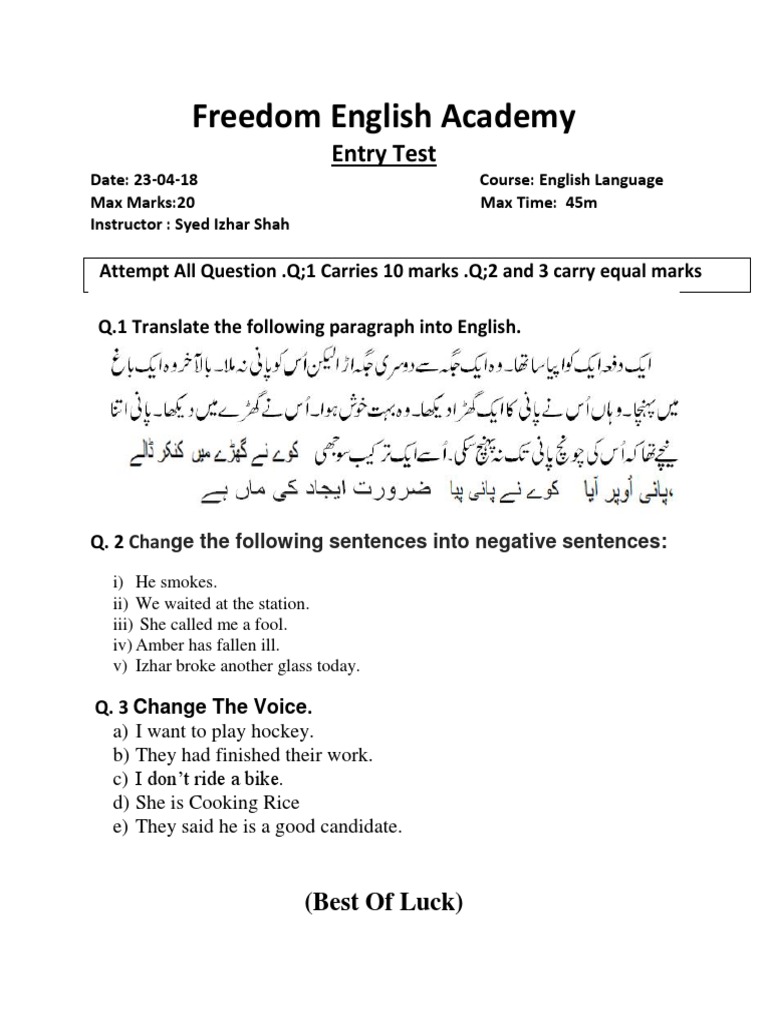 Freedom English Academy: Entry Test | PDF