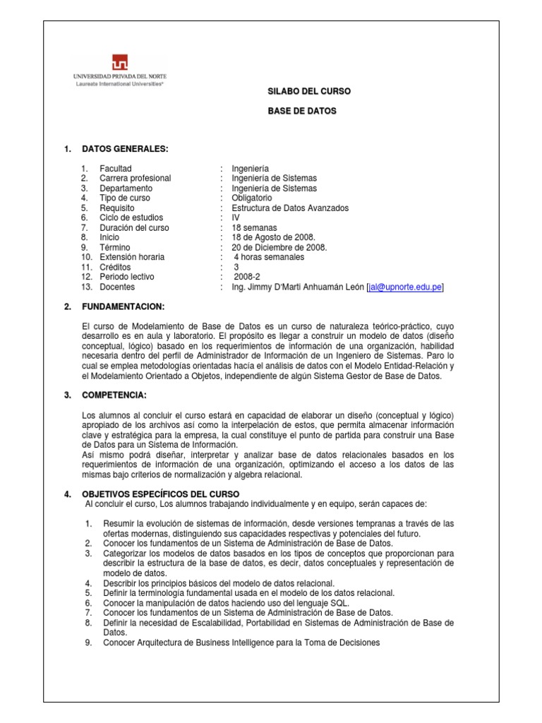 Sílabo de Base de Datos | PDF | SQL | Base de datos relacional