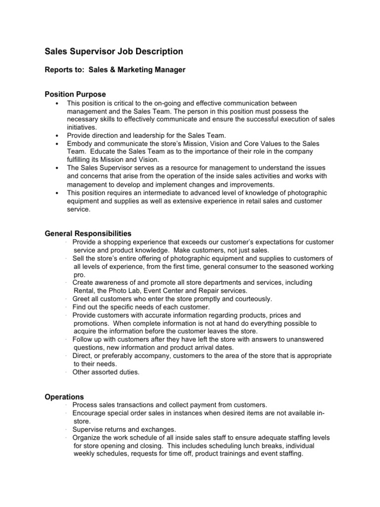 Sales Supervisor Job Description PDF | PDF | Sales | Merchandising
