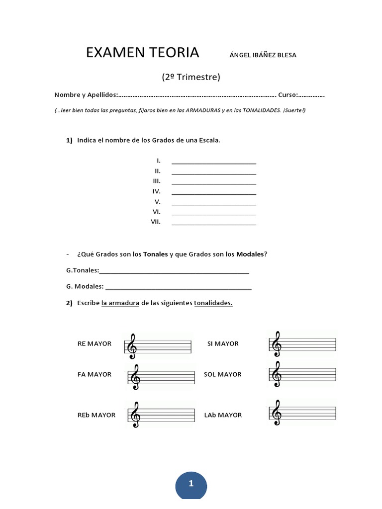 Examen Teoría Musical | PDF | Escala (música) | Música clásica