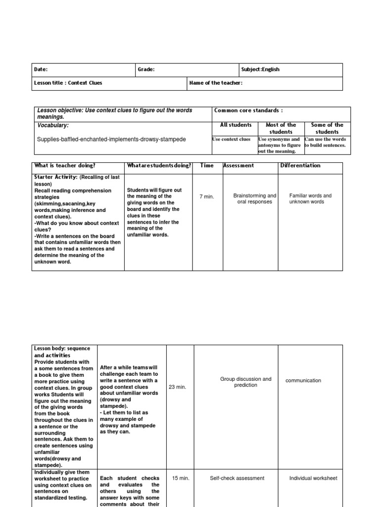 Lesson Plan-Context Clues | PDF | Reading Comprehension | Teaching