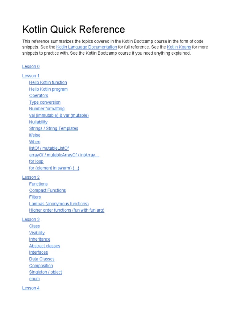 Kotlin Quick Reference Sheet | PDF | Models Of Computation | Areas Of ...