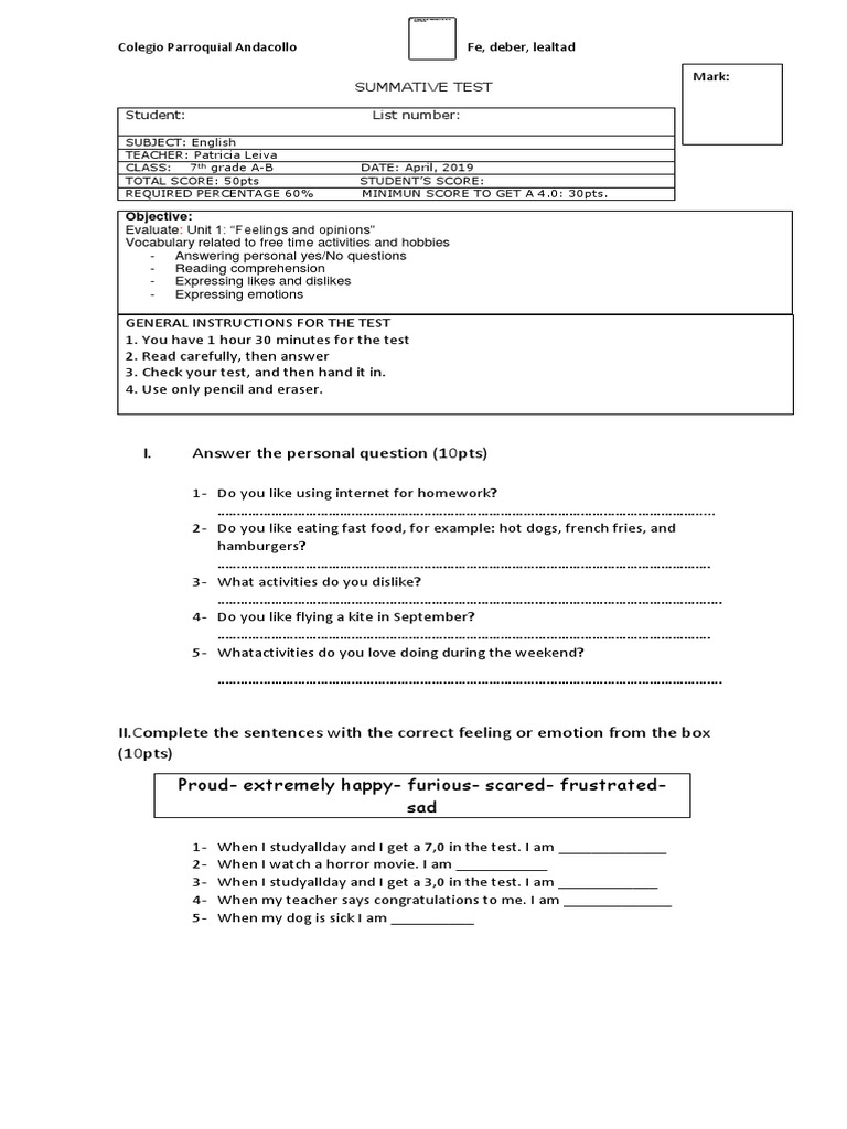 I. Answer The Personal Question (10pts) : Colegio Parroquial Andacollo Fe, Deber, Lealtad ...