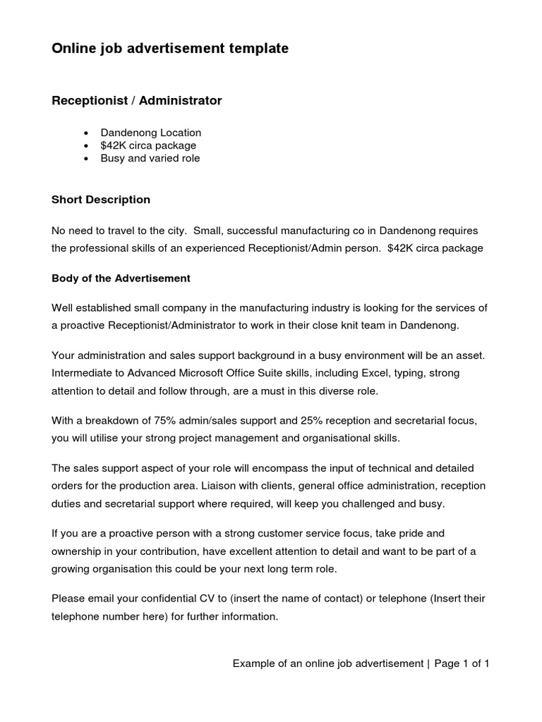 Example of An Online Job Advertisement | PDF | Business | Marketing