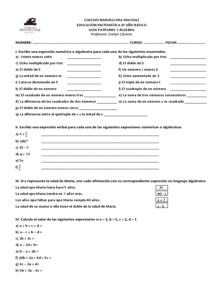 Guía de Patrones y Álgebra 6º Básico | PDF | Enseñanza de matemática ...