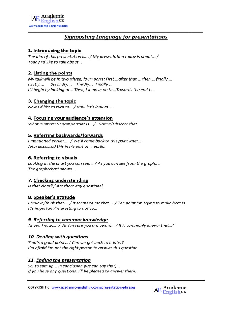 Signposting Language For Presentations: 1. Introducing The Topic | PDF ...