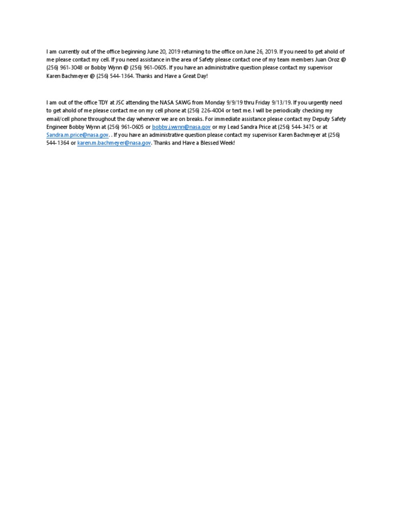 Out of Office Contact Info | PDF