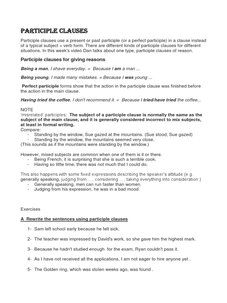 Participle Clauses: Exercises and Examples | PDF | Clause | Verb