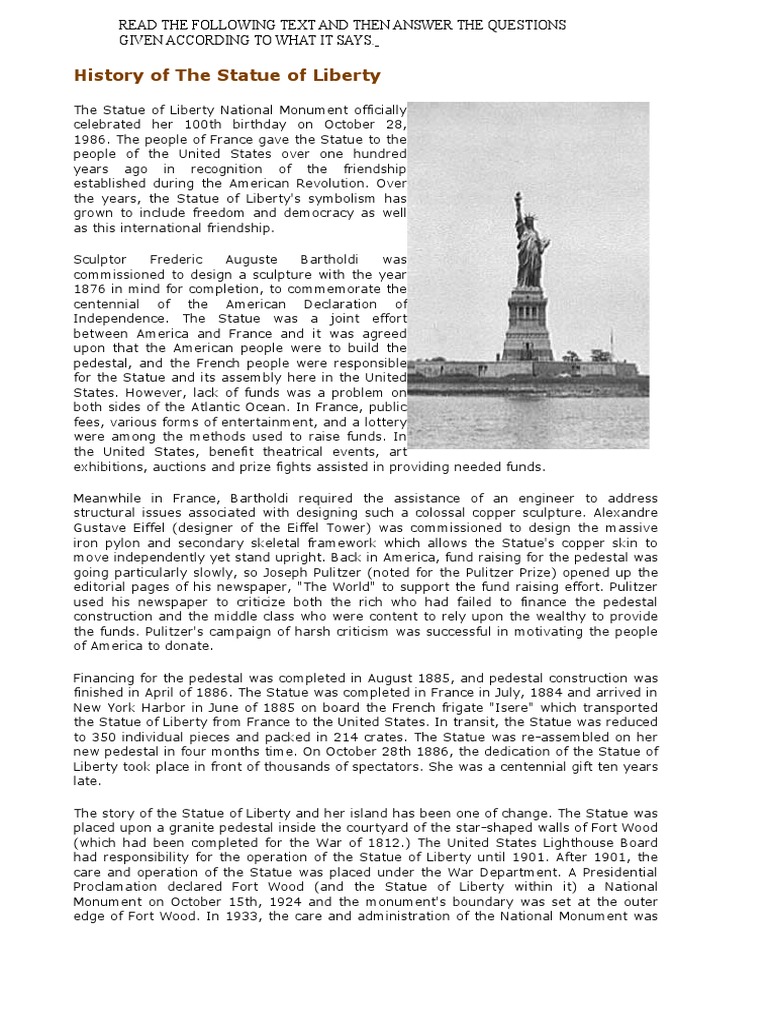 The Statue of Liberty Reading Comprehension Exercises - 20727 | PDF ...