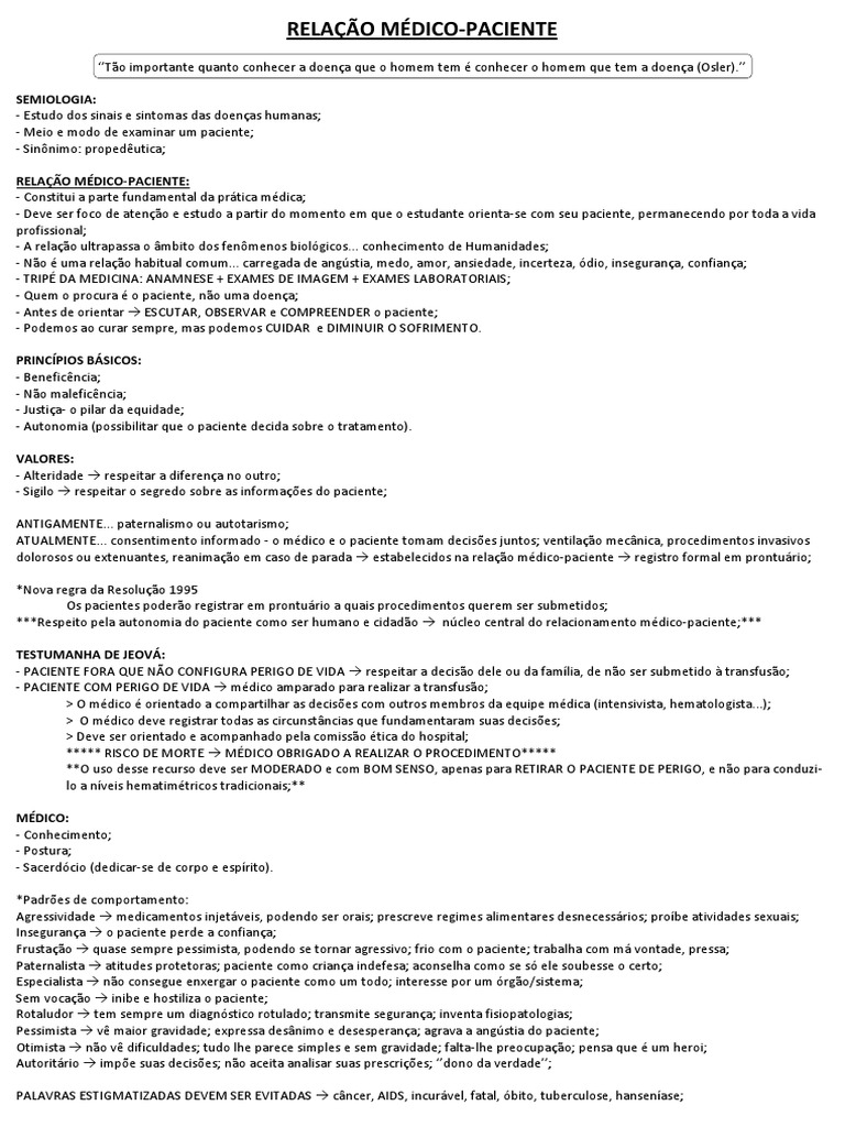Relação Médico-Paciente Resumo | PDF | Humano | Remédio