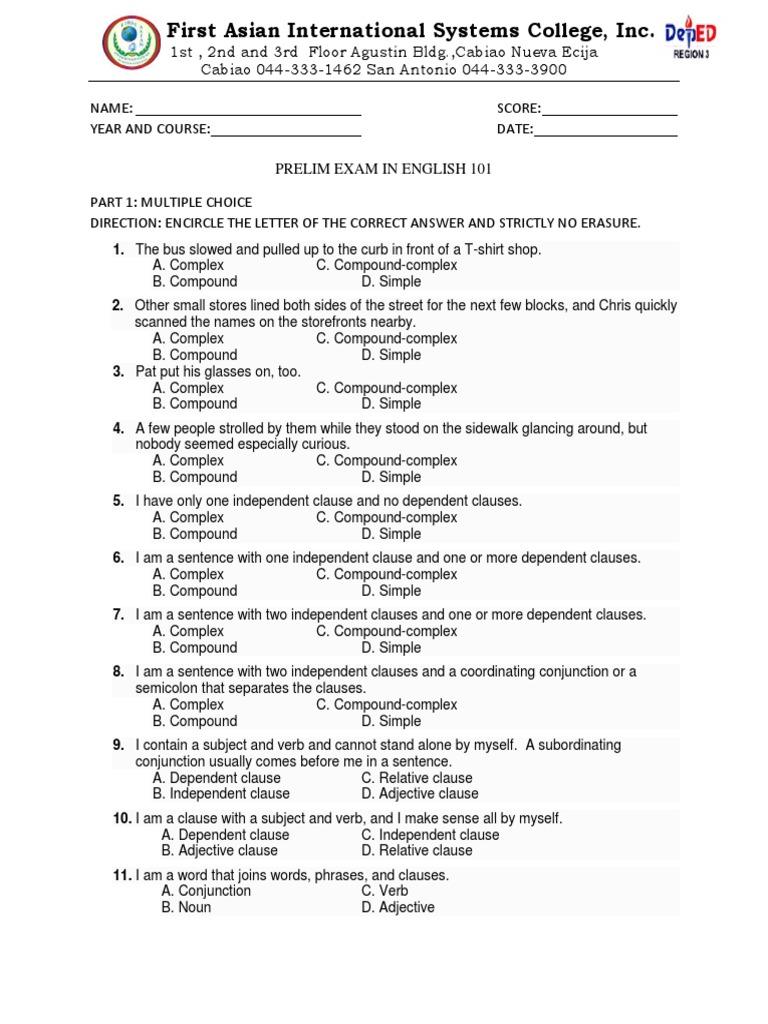 Prelim Exam English | PDF | Clause | Sentence (Linguistics)