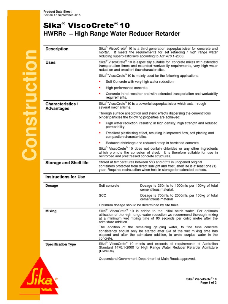 Sika Viscocrete 10: Hwrre - High Range Water Reducer Retarder | PDF ...
