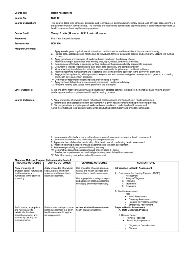NCM 101 - Health Assessment | PDF | Educational Assessment | Health Care