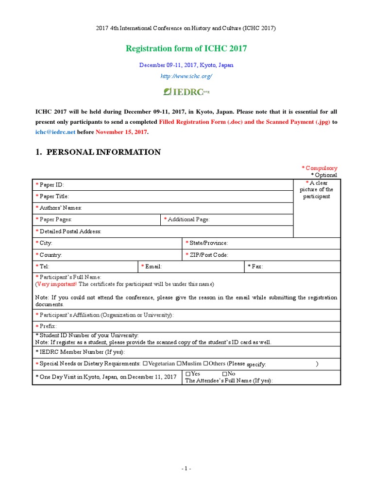 Registration Form of ICHC 2017: 1. Personal Information | PDF ...
