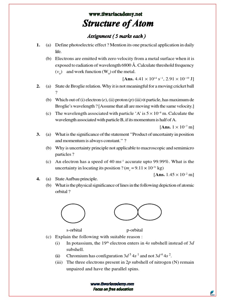 Structure of Atom: Assignment (5 Marks Each) | PDF