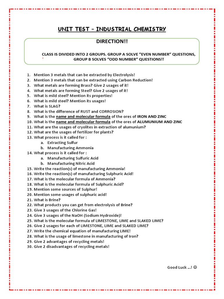 Unit Test Industrial Chemistry | PDF