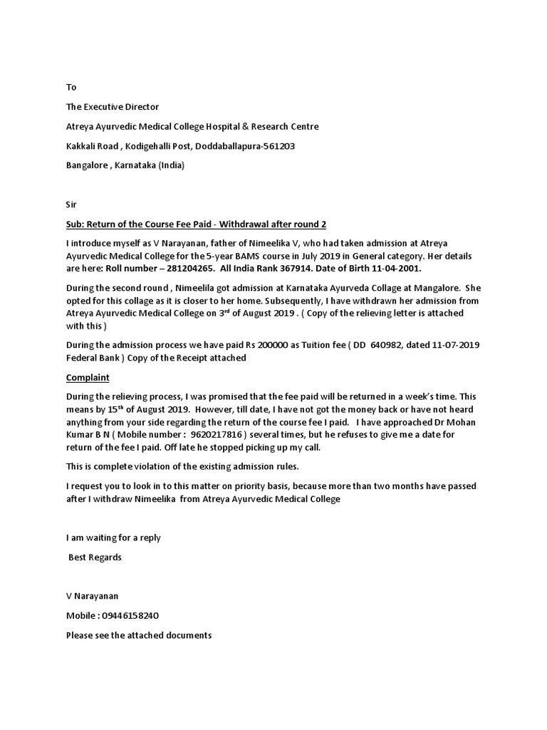Sub: Return of The Course Fee Paid - Withdrawal After Round 2 | PDF ...