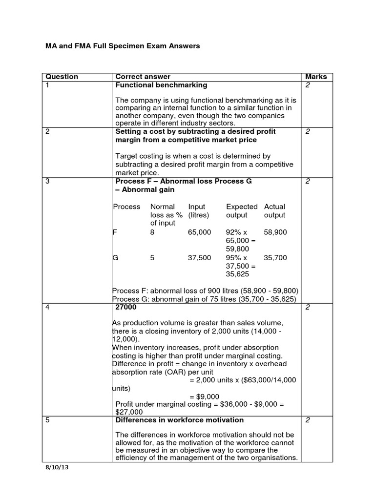 MA and FMA Full Specimen Exam Answers | PDF | Revenue | Internal Rate ...
