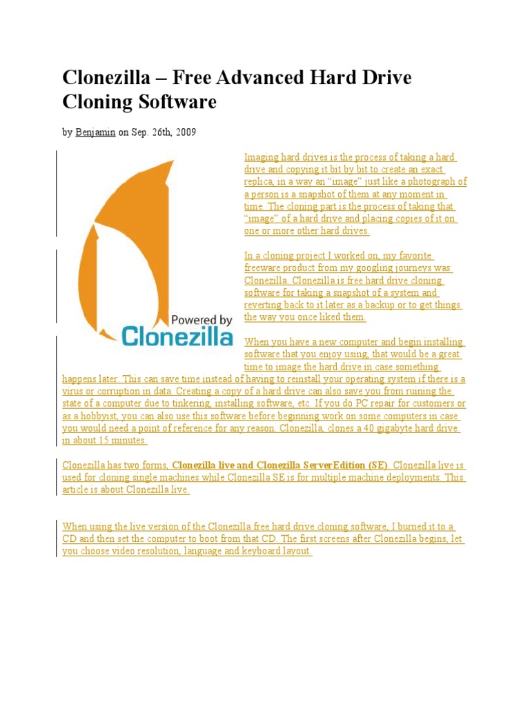 Clonezilla - Free Advanced Hard Drive Cloning Software: by Benjamin On Sep. 26th, 2009 | PDF ...