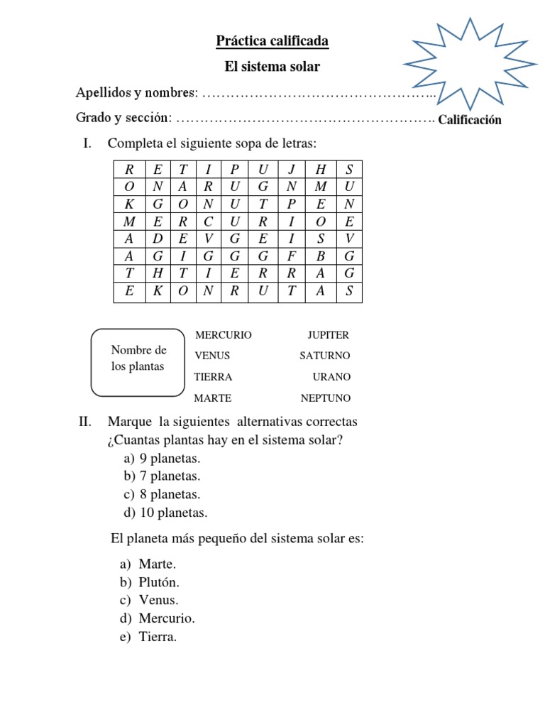 Sopa de Letras del Sistema Solar | PDF | Planetas | Objetos subestelares