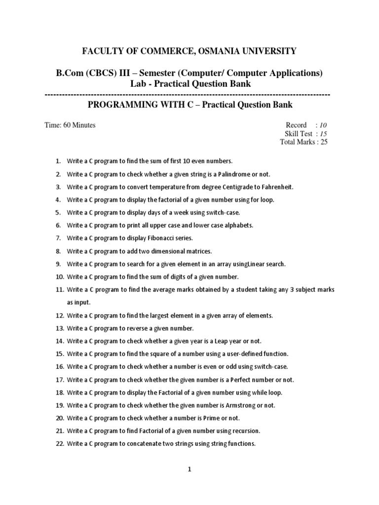 Lab - Practical Question Bank: Faculty of Commerce, Osmania University ...