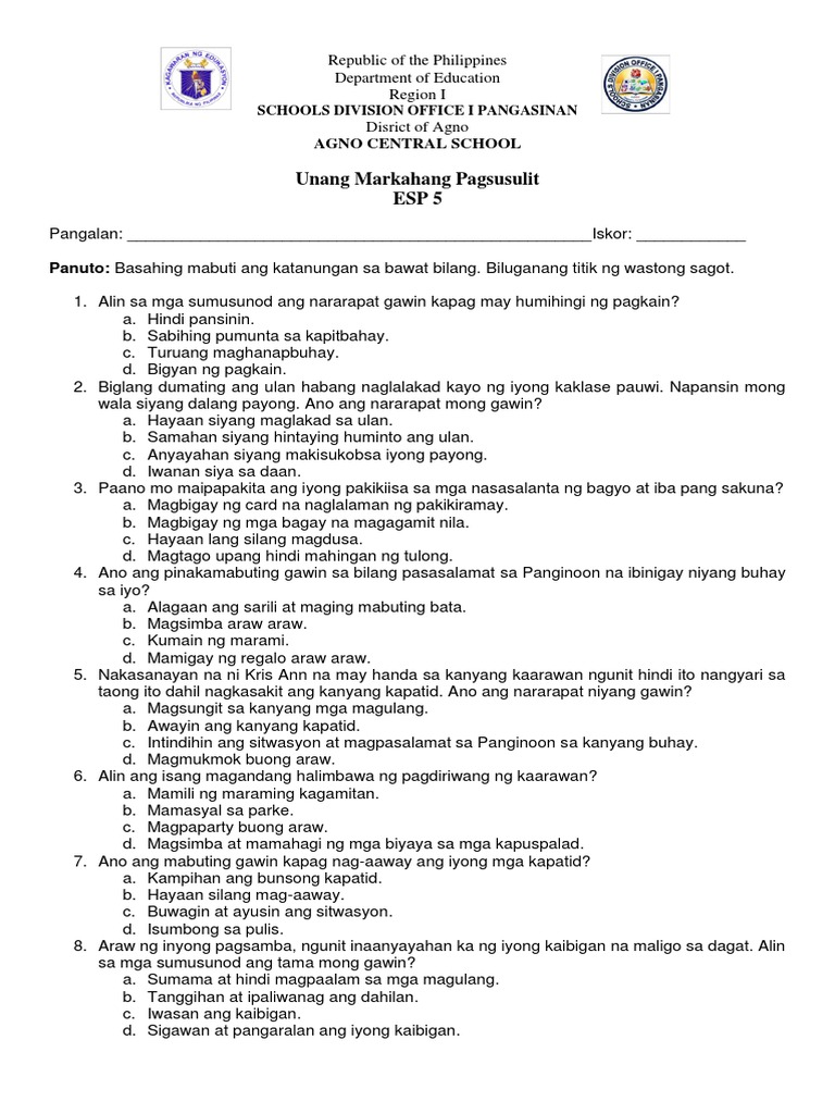 Grade 5 First Periodical Test in ESP 5 | PDF