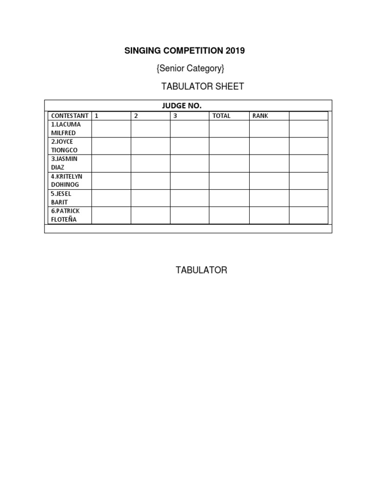 Singing Competition 2019 (Senior Category) Tabulator Sheet: Judge No ...