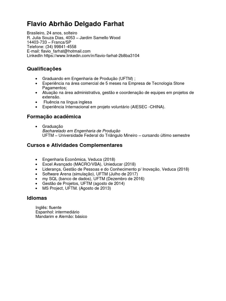 2018 Currículo - Flavio Abrhão Delgado Farhat | PDF | Economias | Business