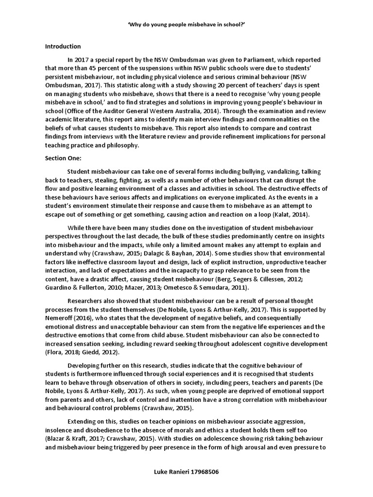 Luke Ranieri 17698506 Report Into Why Young People Misbehave in School ...
