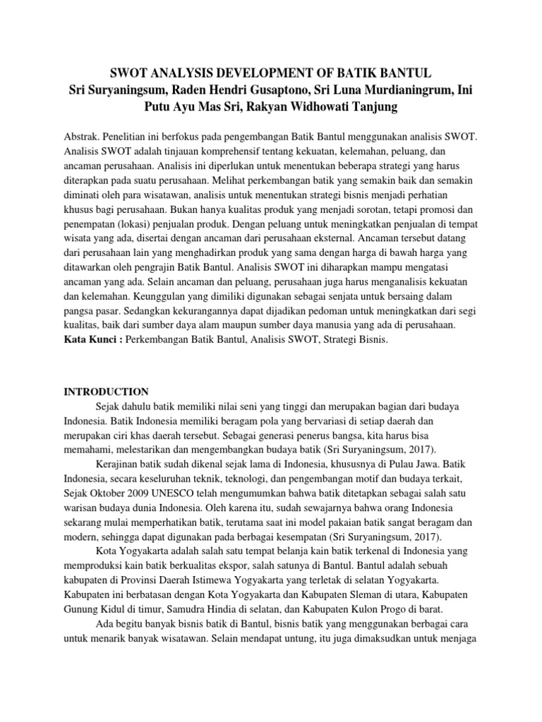 SWOT ANALYSIS DEVELOPMENT OF BATIK BANTUL (Indo) | PDF | Karier ...