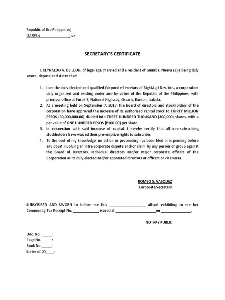 Secretary Certificate | PDF | Board Of Directors | Corporate Law