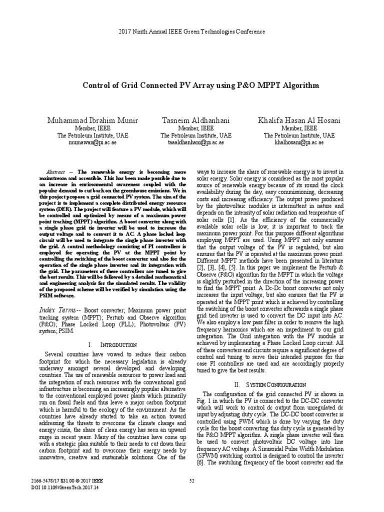 Control Of Grid Connected Pv Array Using Pando Mppt Algorithm Pdf