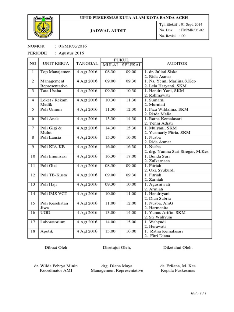 Jadwal Audit Internal 2016 | PDF