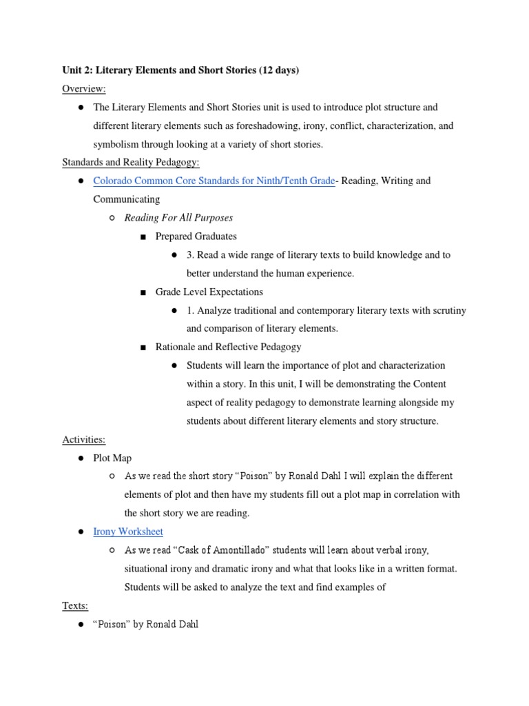 Literary Elements & Short Stories Unit | PDF | Irony | Short Stories