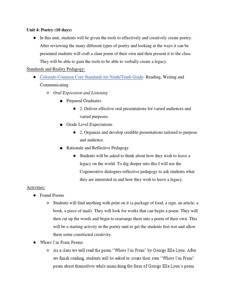 Unit 4: Poetry (10 Days) : Colorado Common Core Standards For Ninth ...