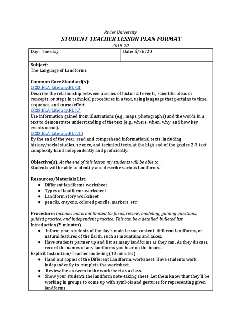 Student Teacher Lesson Plan Format: Subject | PDF | Individualized ...