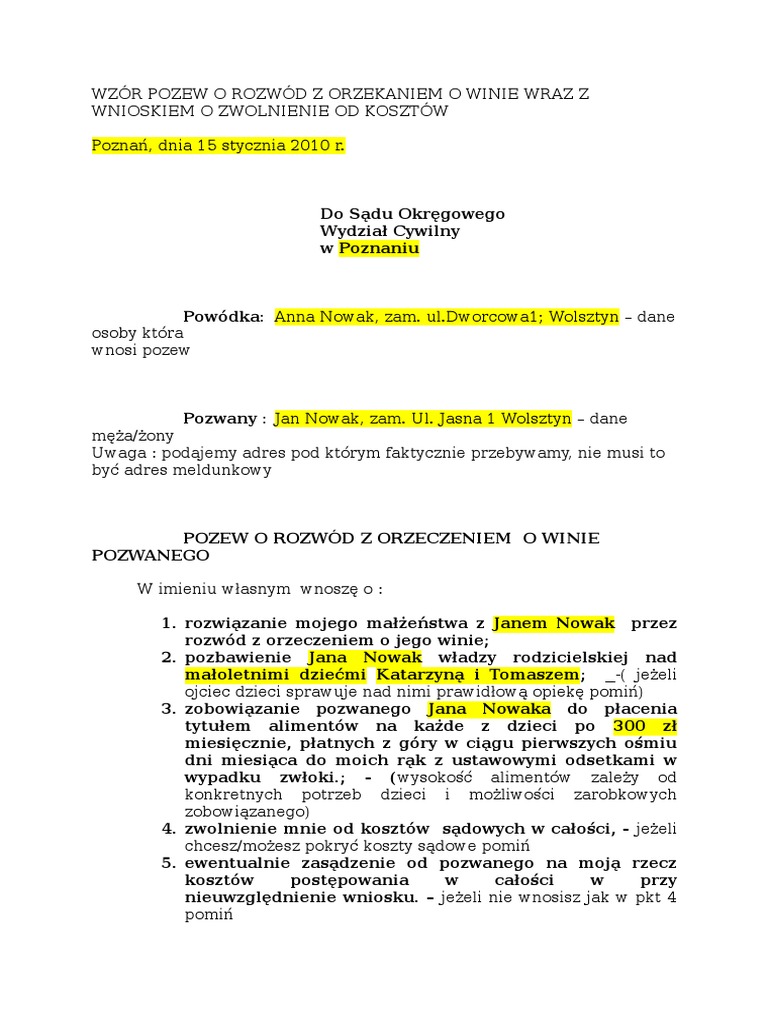 WZOR POZEW O ROZWOD Z ORZEKANIEM O WINIE WRAZ Z WNIOSKIEM O ZWOLdoc | PDF