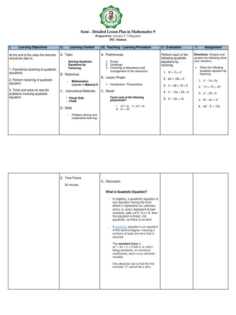 Semi Detailed Lesson Plan | PDF | Factorization | Equations