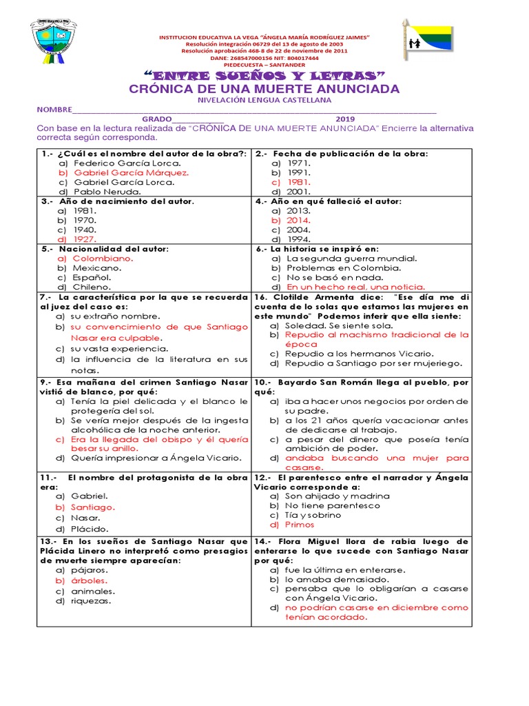 Prueba de Crónica de Una Muerte Anunciada | PDF
