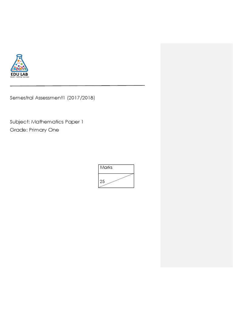 Semestral Assesment 1 Primary 1 Maths | PDF | Teaching Mathematics